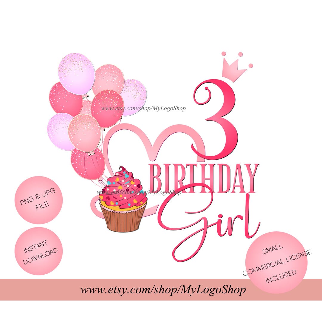 Birthday Girl Third Birthday Clipart: Balloons & Cupcake (PNG JPG ...