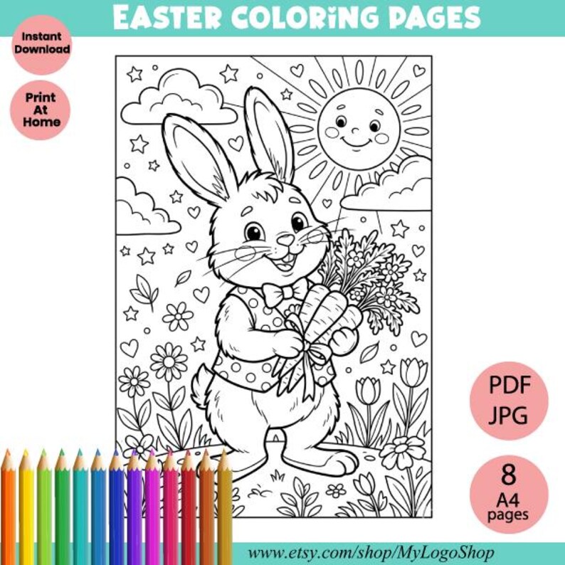 Easter Bunny Coloring Pages Kids Printable PDF, Spring Activity Sheets ...