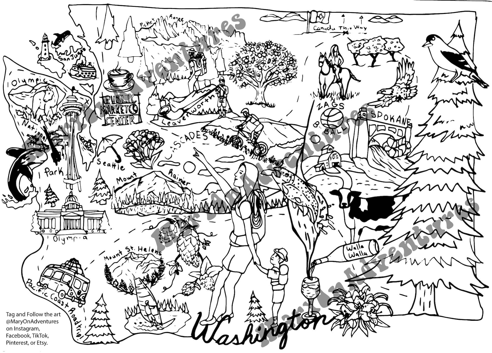 Washington Coloring Washington Art Seattle Art Spokane Art - Etsy