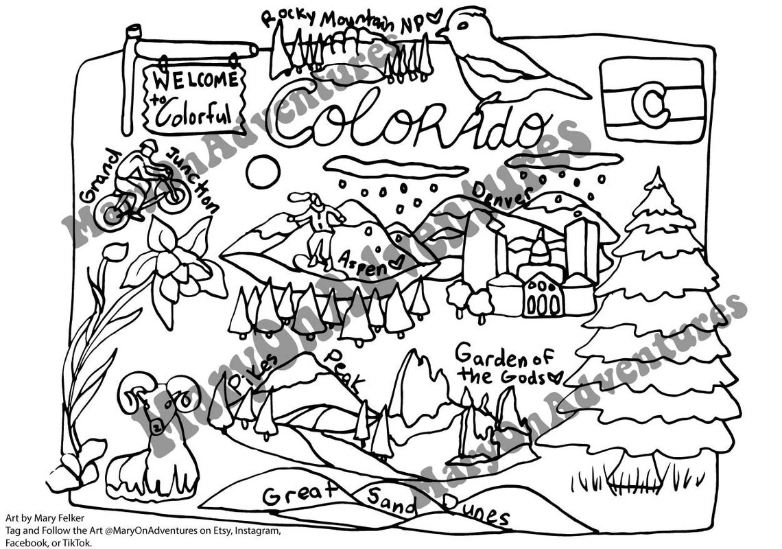 Colorado Map Coloring Page | Rocky Mountains & State Symbols (digital ...