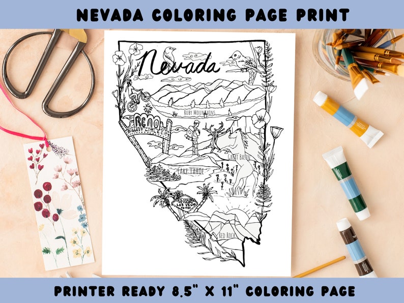 Nevada State Map Coloring Page, Landmarks Art (PDF Download) - Etsy