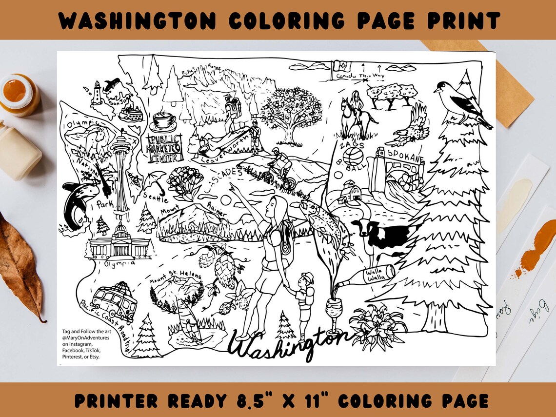 Washington Coloring Washington Art Seattle Art Spokane Art - Etsy