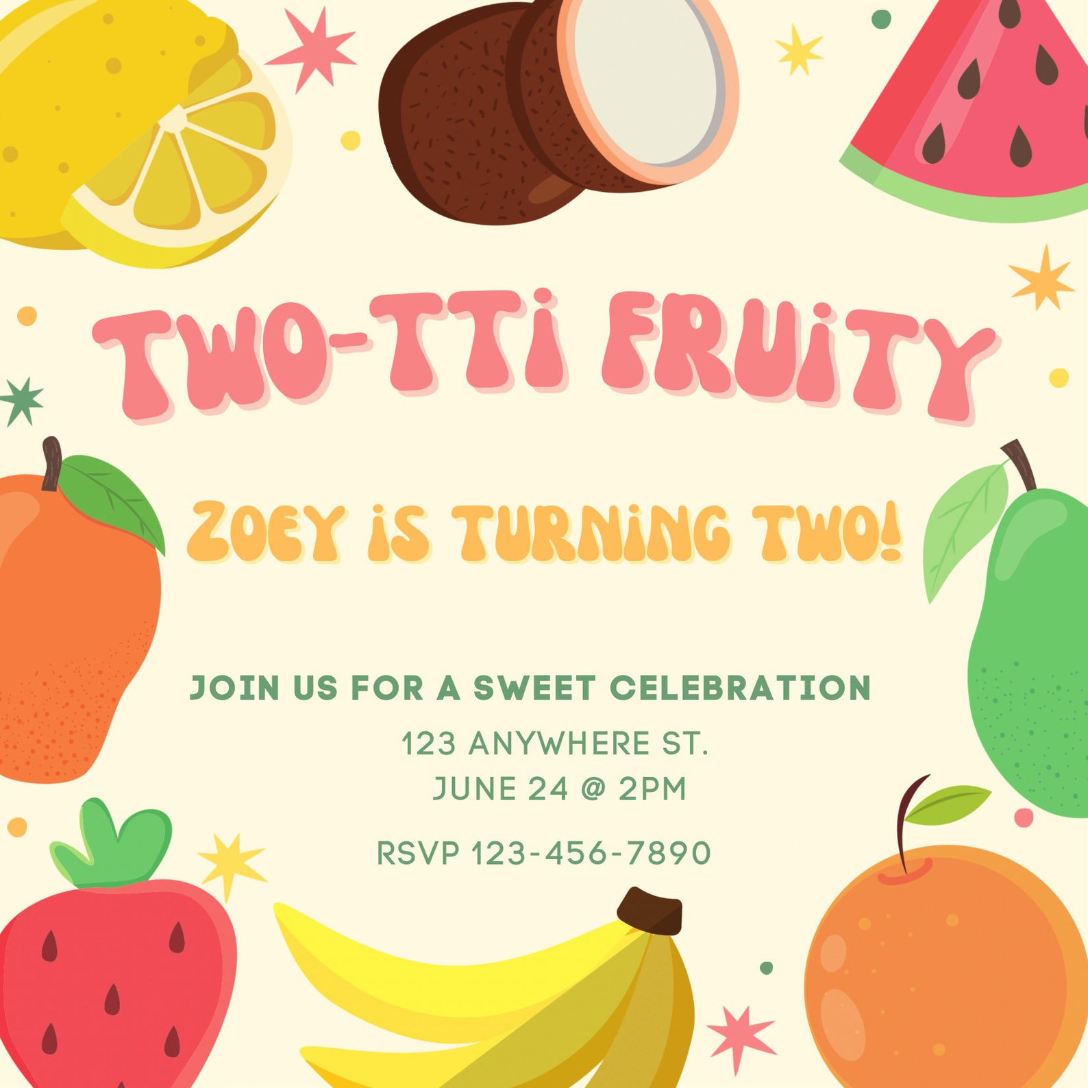 Custom Digital Square Birthday Invitation, Twotti Fruity, 2nd Birthday ...