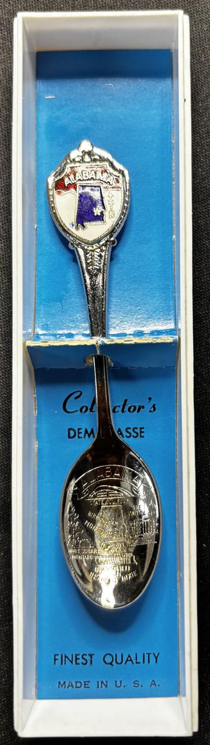 Alabama y mapa (arriba) Mapa y sitios (cuenco) en cuchara de recuerdo ...