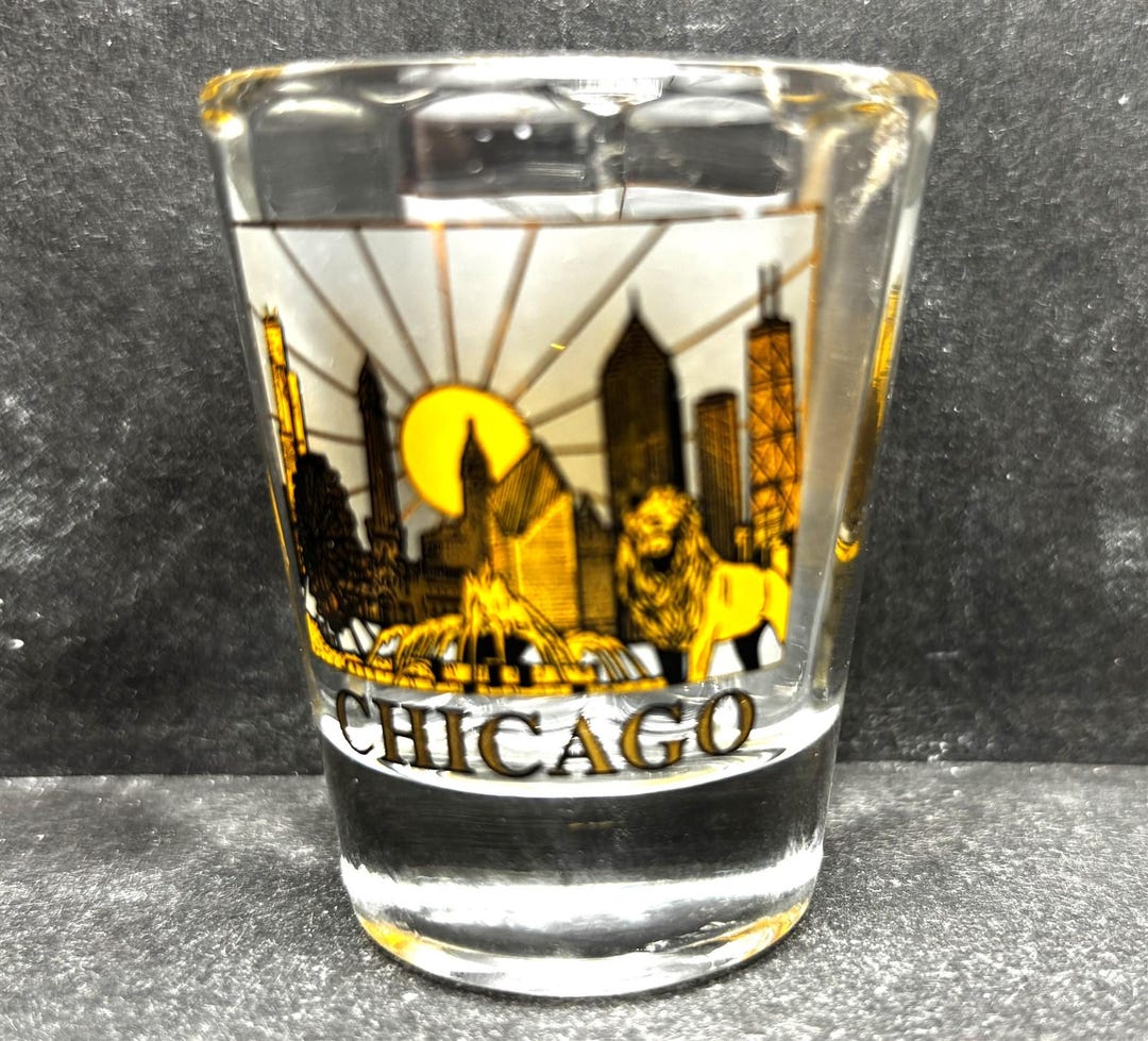 Chicago, Illinois With Skyline, Sun and Lion on 1oz Glass Shot Glass ...