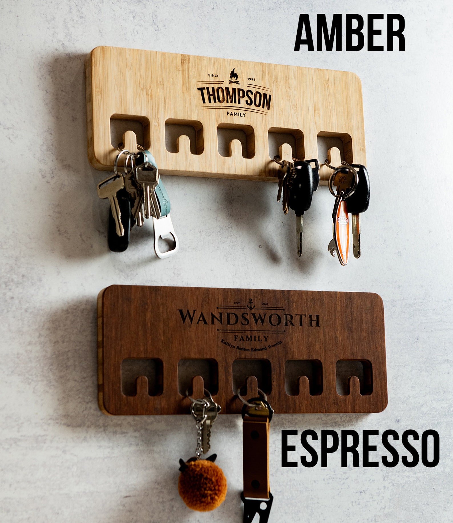 Wood Wall Mount for Keychains - Personalized Engraved Family Names - Etsy