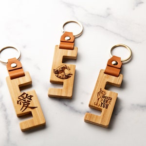 Personalized Wood Phone Stand Keychain - Wedding Party Favor or Gift ...