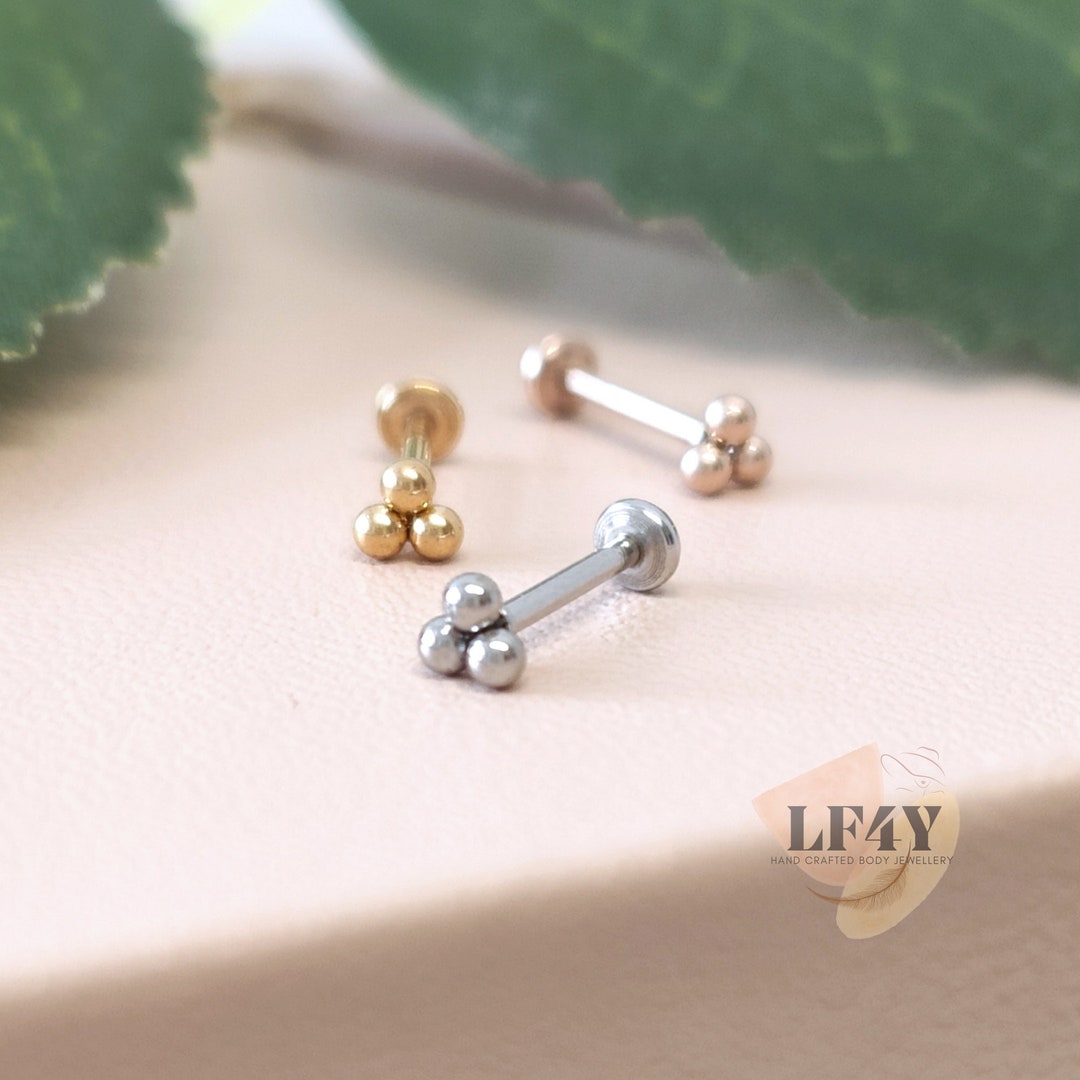 Tiny Tri-bead Push in Steel Stud: 20g Threadless Labret, Tragus, Helix ...
