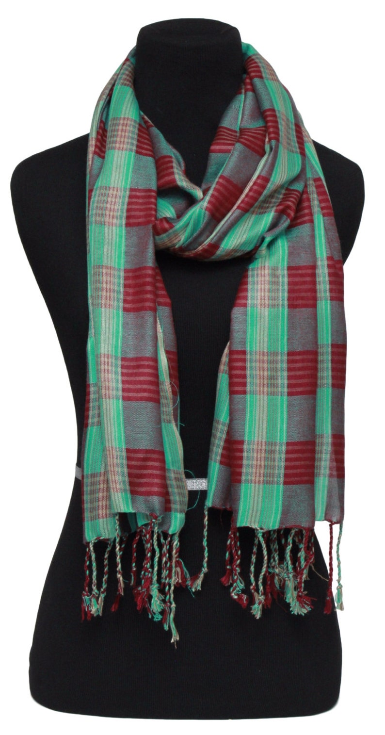 Buffalo Green & Red Plaid Cotton Scarf With Tassels | Lightweight Women ...