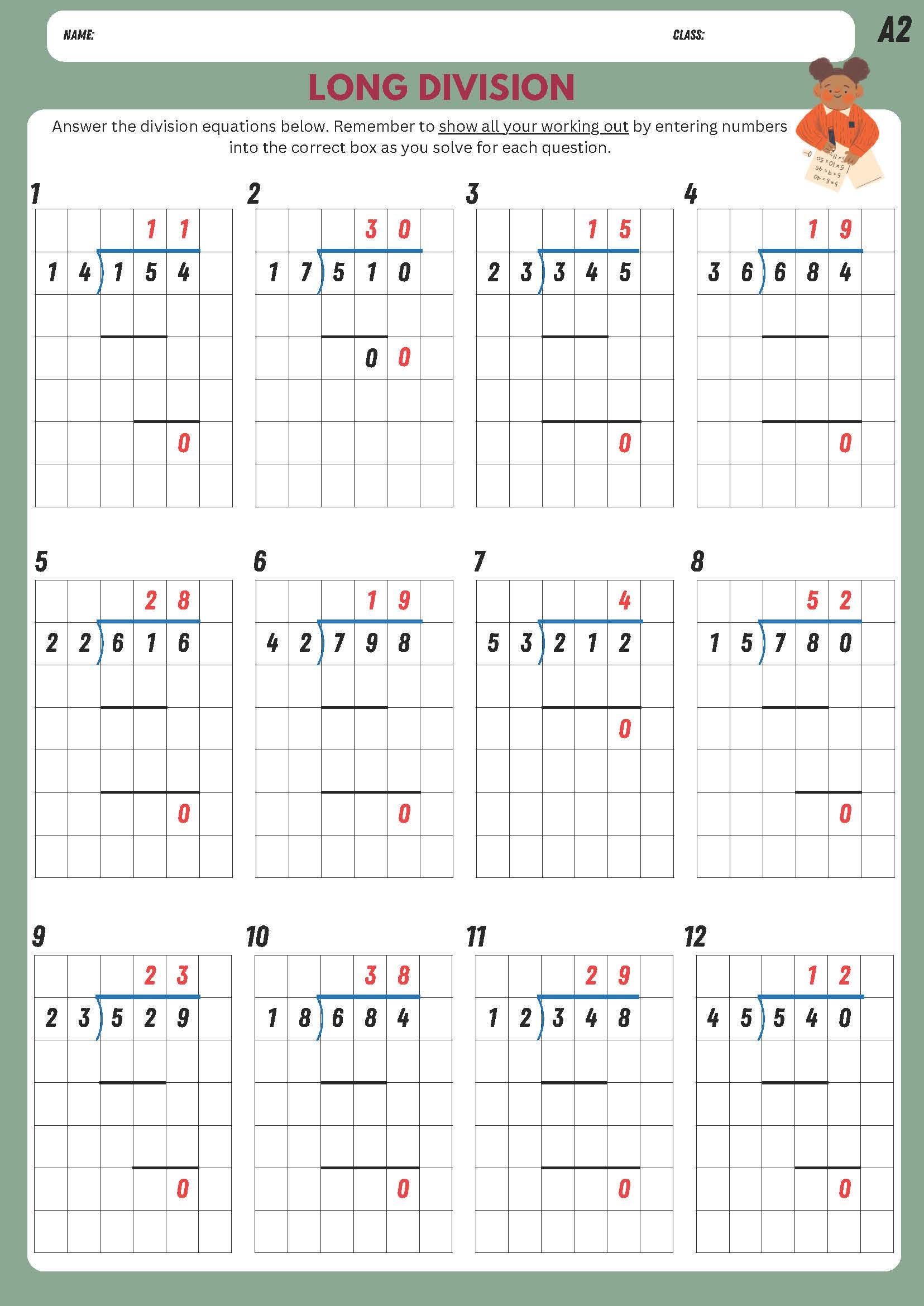 Long Division Worksheet: 3-digit by 2-digit, Graph Paper (digital ...