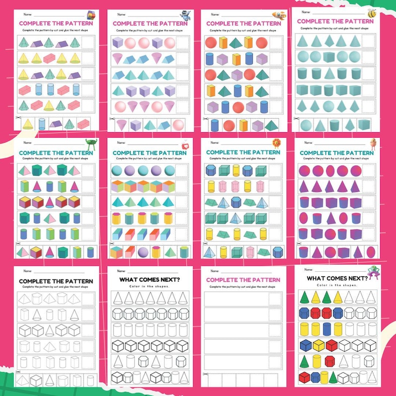 Math 3D Shape Pattern Sequence Worksheets for Prek & Kindergarten, 3 ...