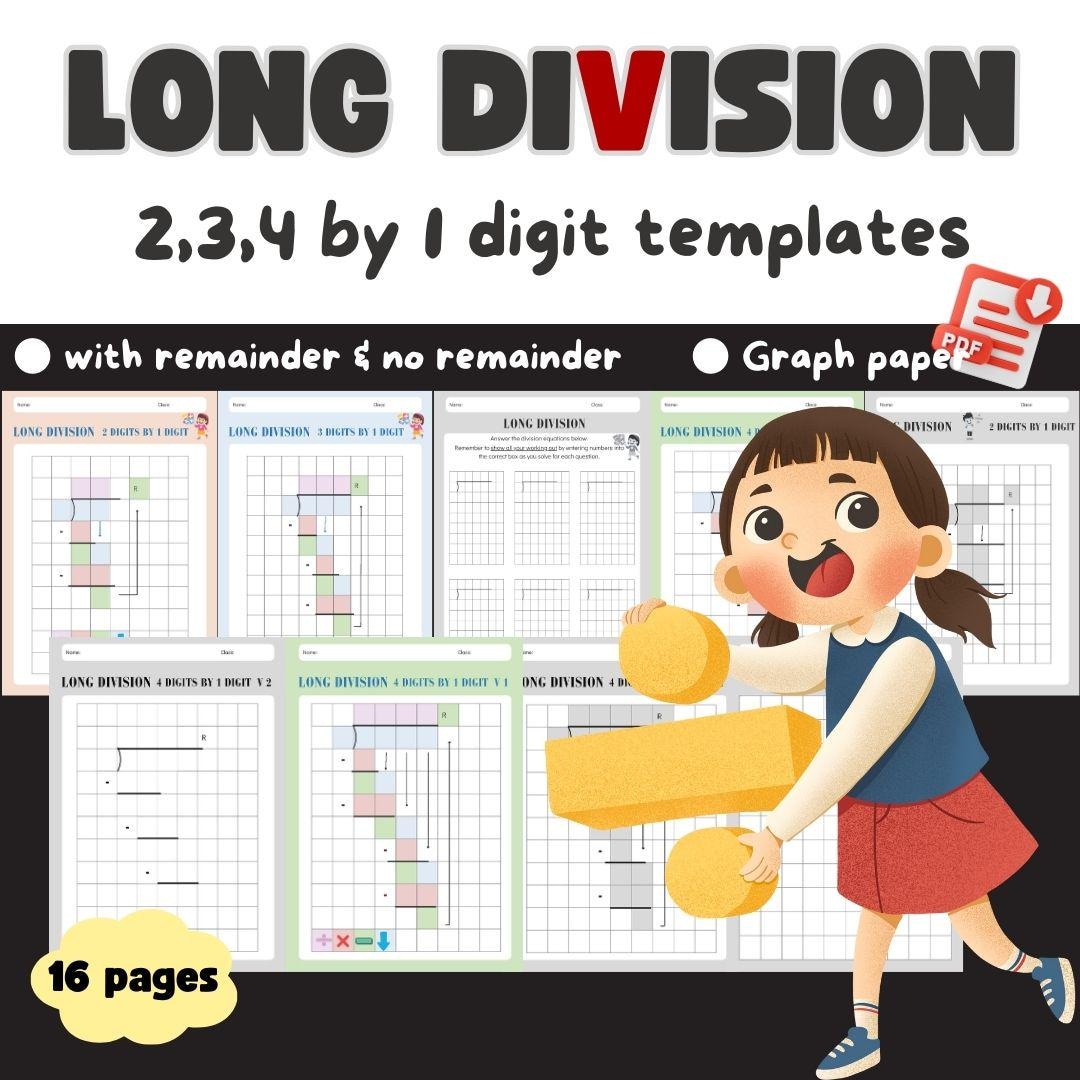 Long Division Templates 2, 3, 4 Digits Divided by 1 Digit , With and ...