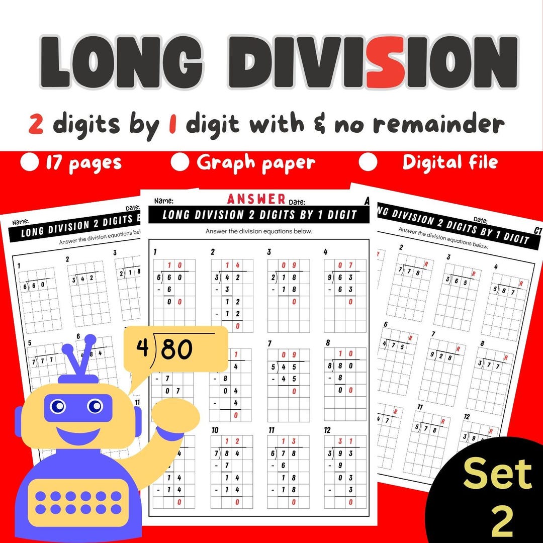 Long Division Practice: 2-digit by 1-digit Worksheets (PDF) - Etsy