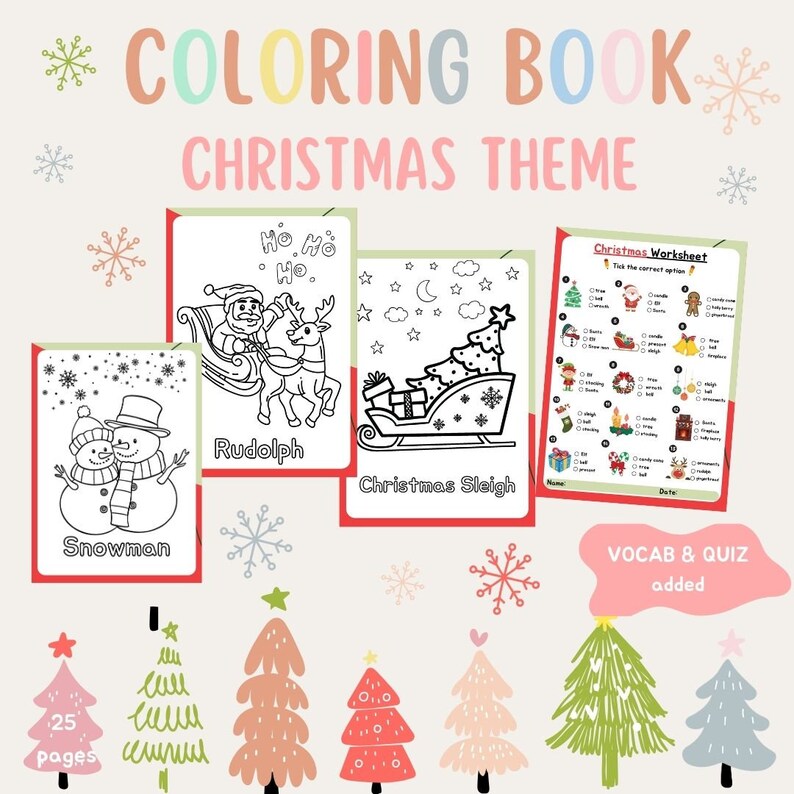 Coloring Pages Christmas Theme With Vocabulary for Kids - Etsy