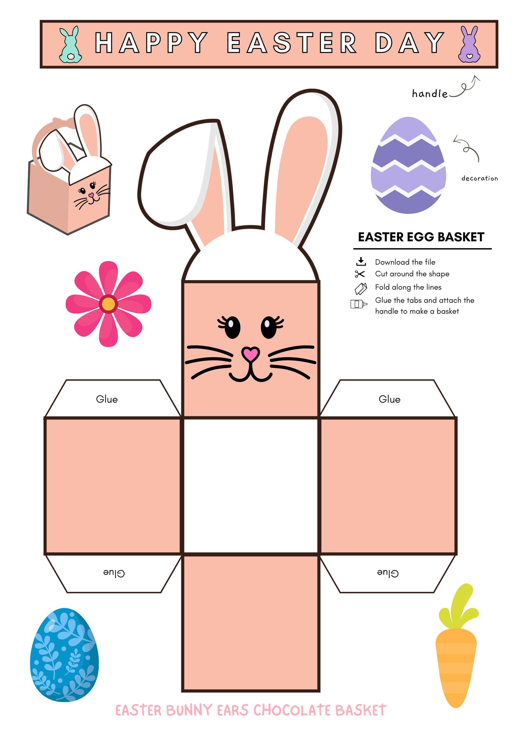 Bunny & Chick Easter Basket Craft: Printable Coloring Template (digital ...