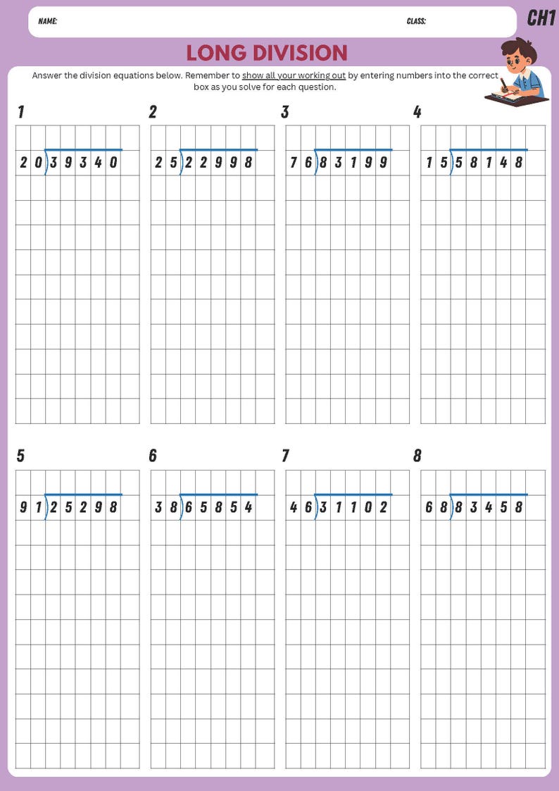 Long Division Worksheet: 5-digit by 2-digit, Graph Paper (digital ...