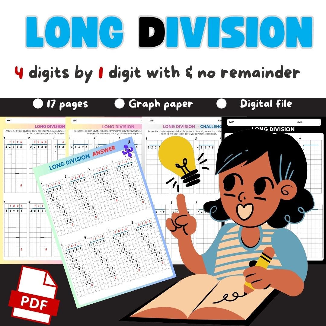 Long Division Worksheet 4-digits by 1-digit With & No Remainders With ...