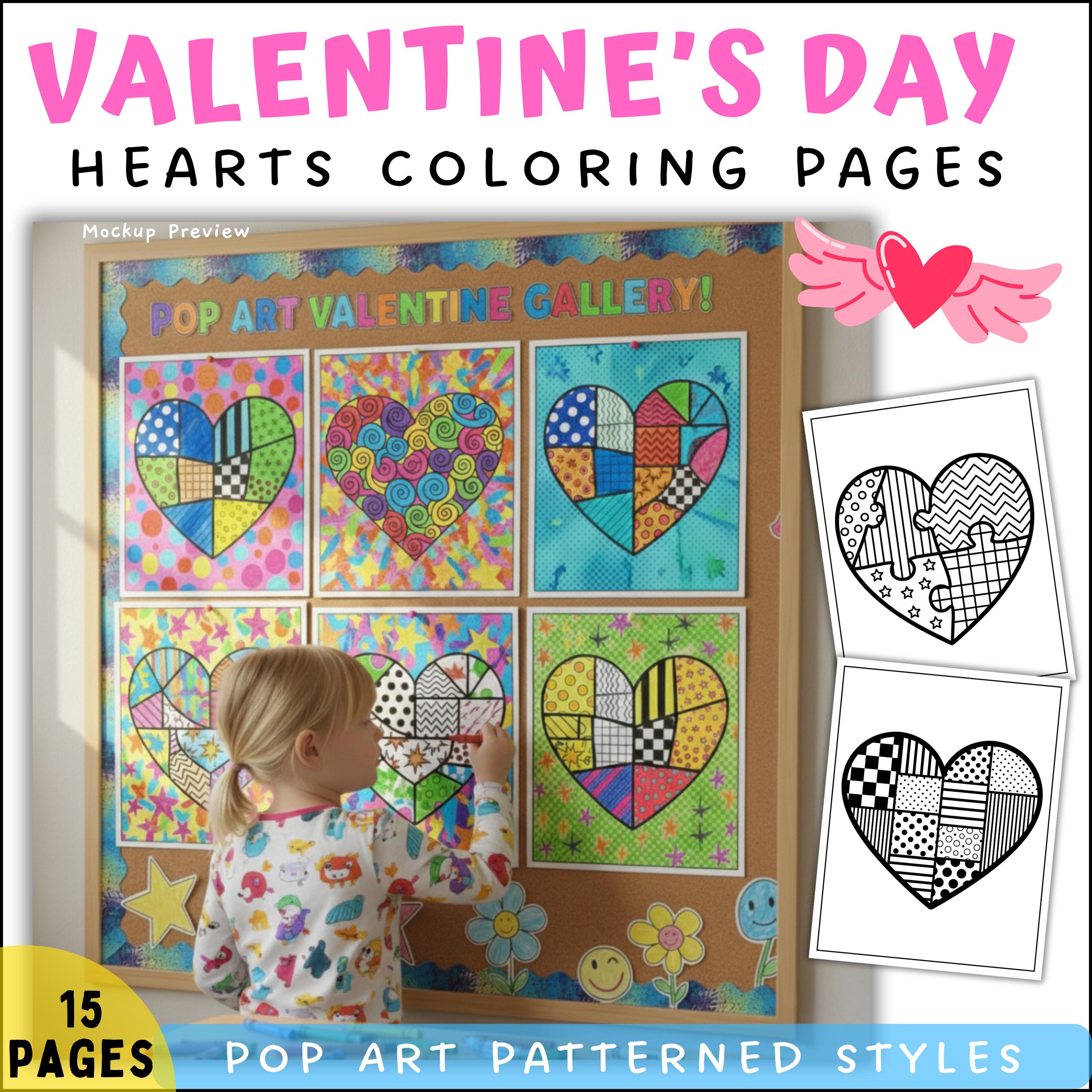 Pop Art Valentine Hearts Coloring Pages | Patterned Heart Art Activity ...