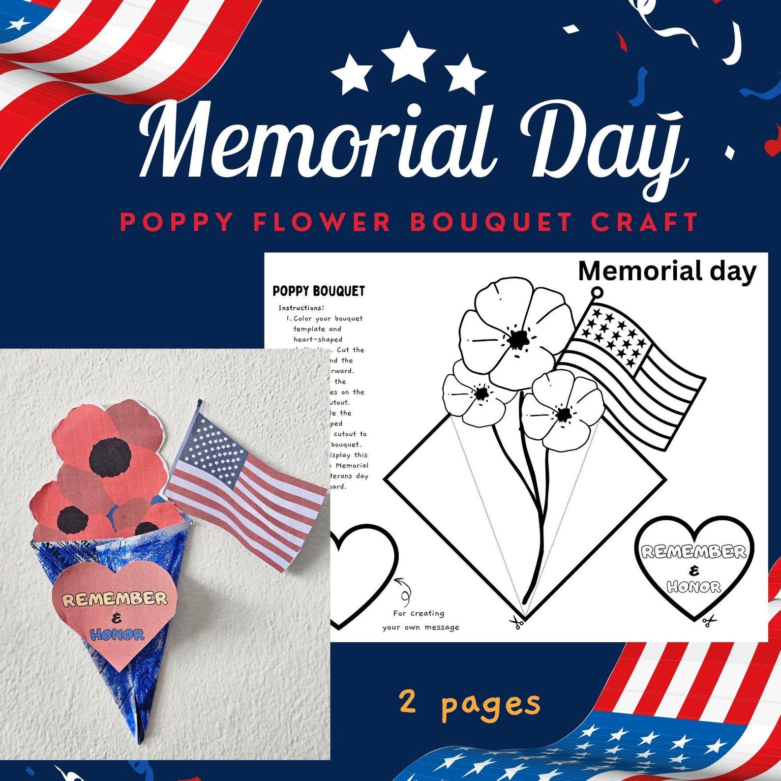 Memorial Day Poppy Flowers Bouquet Paper Craft Activities, Veterans Day ...