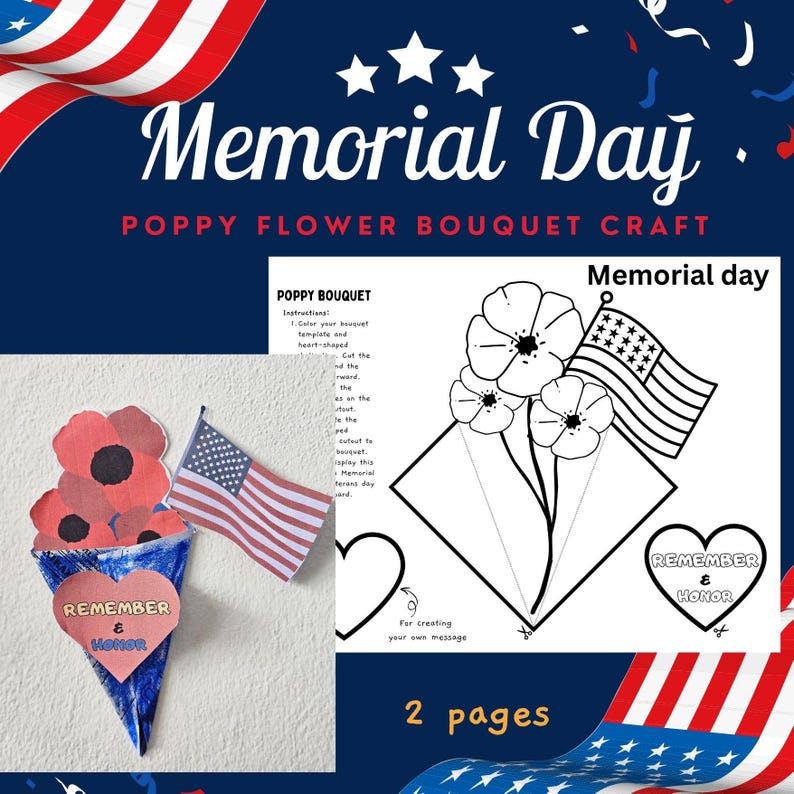 Memorial Day Poppy Flowers Bouquet Paper Craft Activities, Veterans Day ...