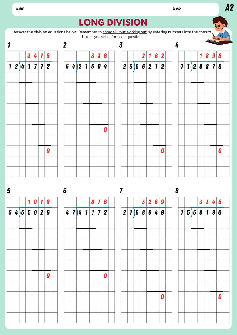 Long Division Worksheet: 5-digit by 2-digit, Graph Paper (digital ...