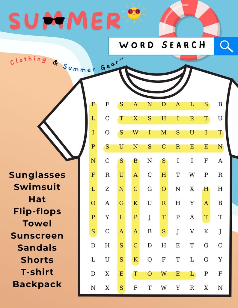 Summer Word Search Puzzle: Fun Kids Activity Worksheet (digital ...