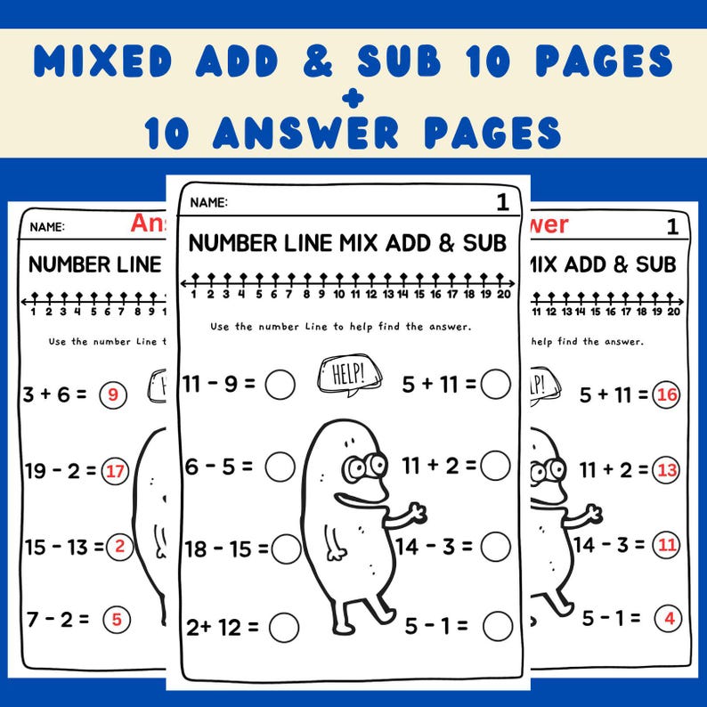Number Line Addition & Subtraction Worksheets: K-1st Grade (digital ...