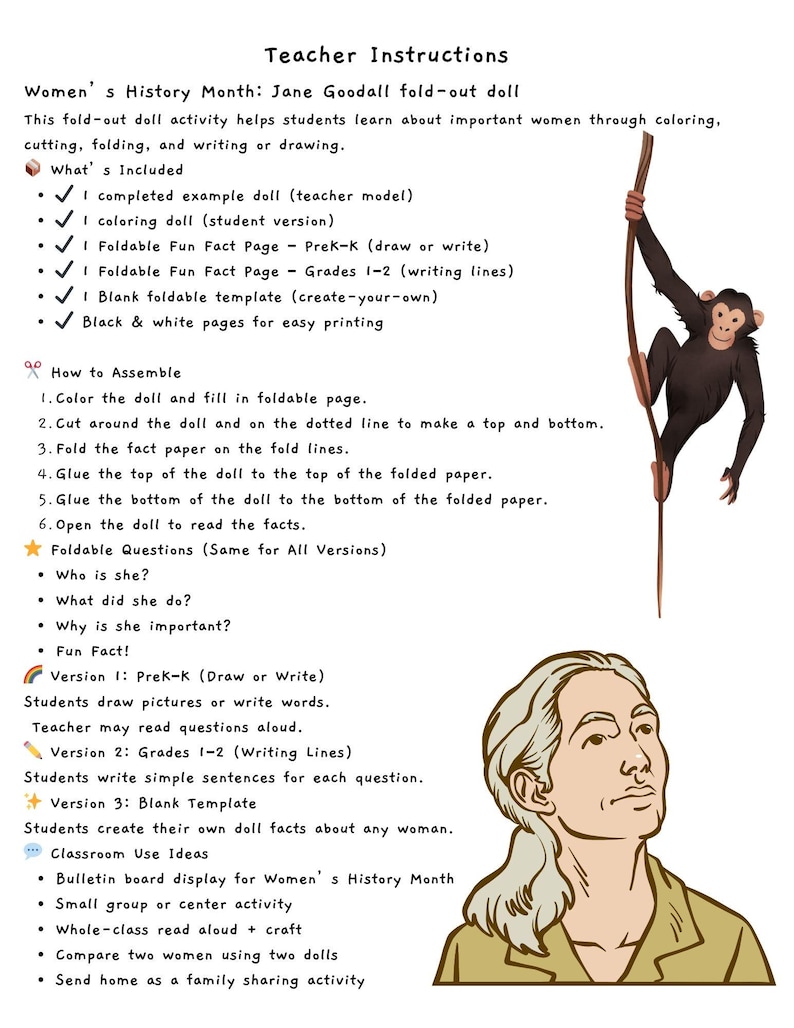 Women’s History Month Jane Goodall Fold-out Doll Craft Activity | K–1 ...