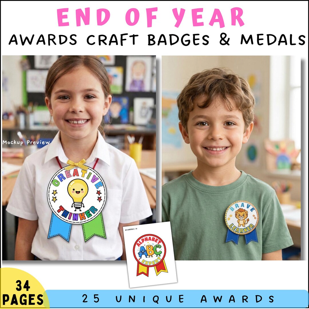 Kindergarten End of Year Awards Craft | Student Award Badges & Medals ...