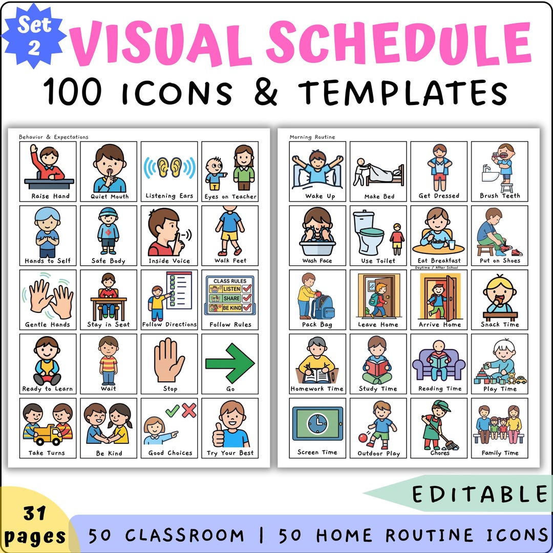 Set 2: Editable Visual Schedule 100 Icons – Classroom Behavior & Home ...