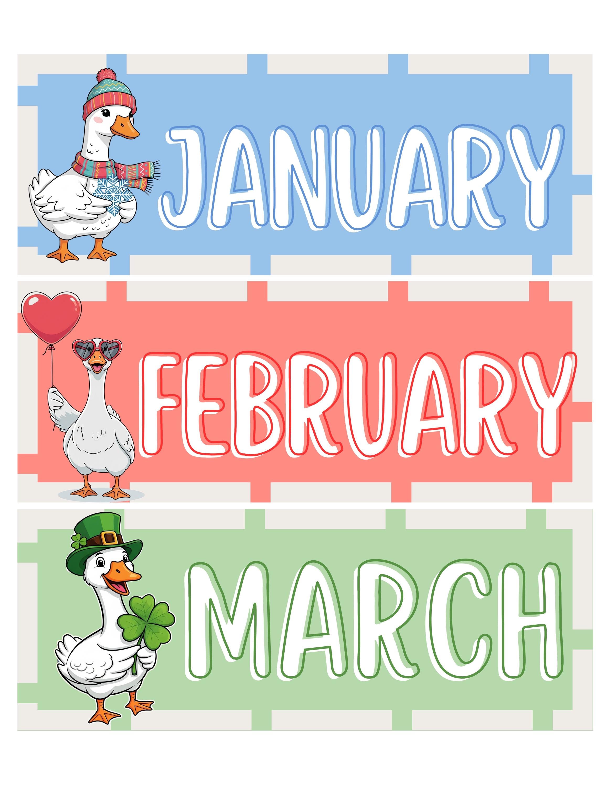 Silly Goose Calendar Months: Printable Classroom Bulletin Board Cards ...