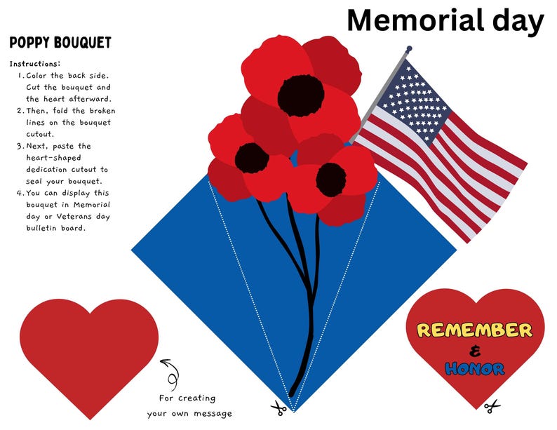 Memorial Day Poppy Flowers Bouquet Paper Craft Activities, Veterans Day ...