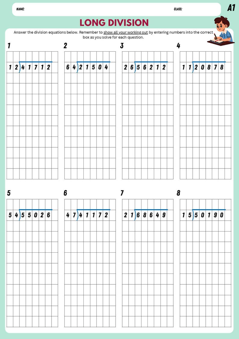 Long Division Worksheet 5-digit by 2-digit With & No Remainders, Detail ...