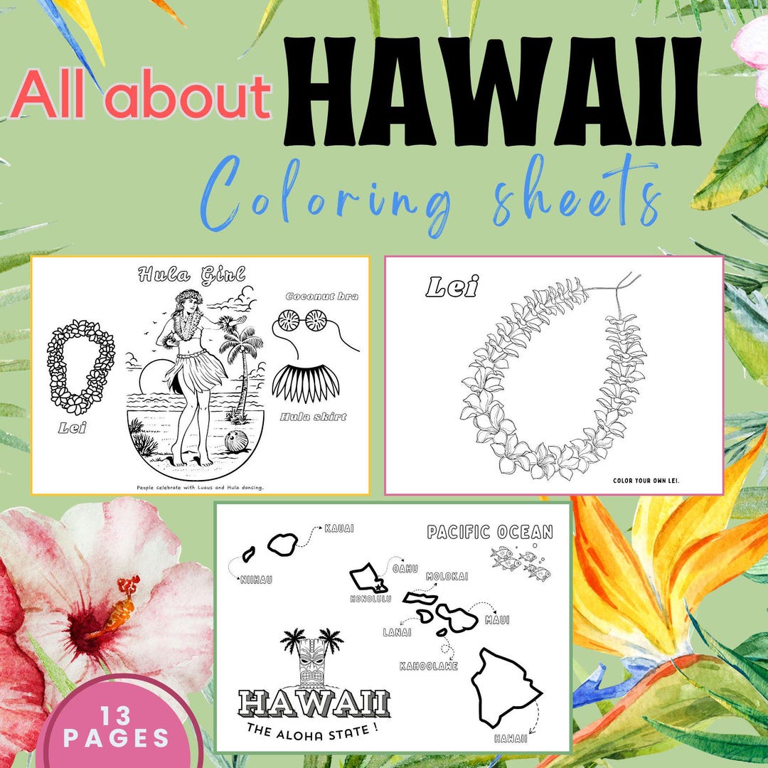 Hawaii Coloring Pages: Luau-themed Tropical Island Activity (digital ...