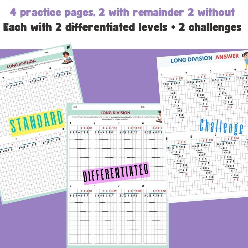 Long Division Worksheet 5-digit by 2-digit With & No Remainders, Detail ...