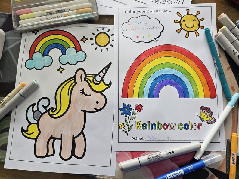 Rainbow and Unicorns Coloring Page - Colors Practice Rainbow -printable ...