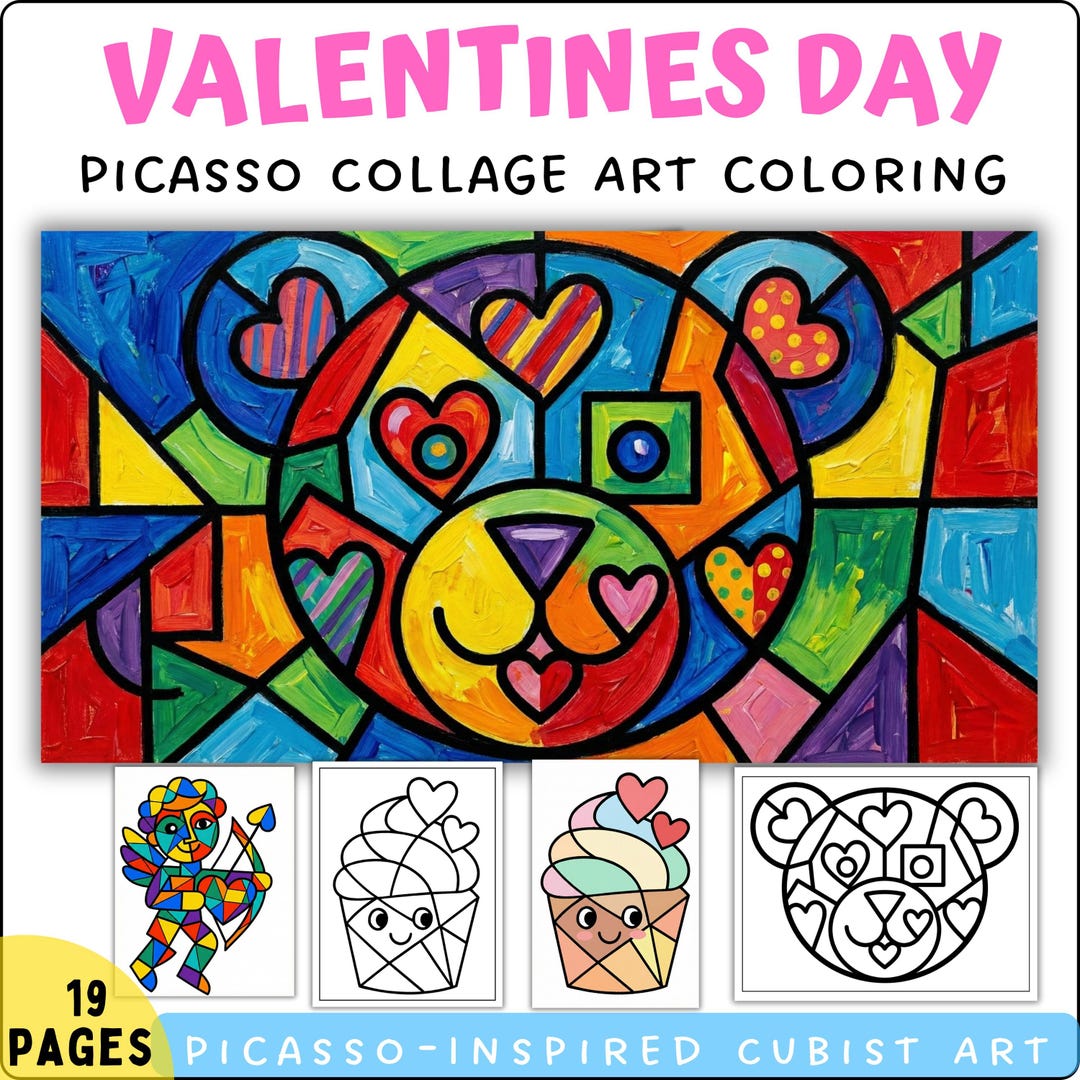 Valentine’s Day Cubism Art Coloring Pages | Picasso Inspired Valentine ...