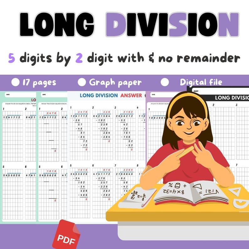 Long Division Worksheet 5-digit by 2-digit With & No Remainders, Detail ...