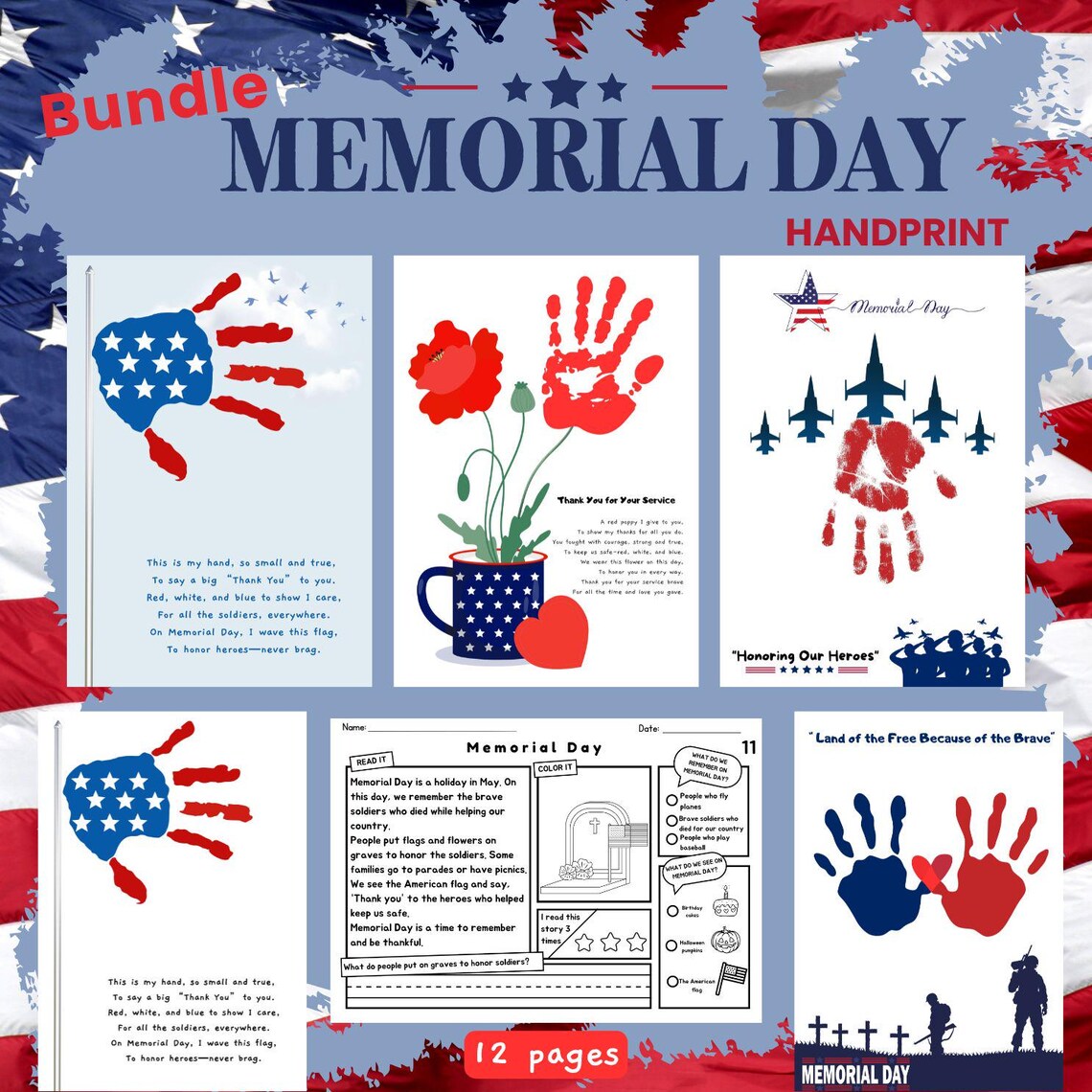 Memorial Day Handprint Craft Bundle: Patriotic Activities (digital ...