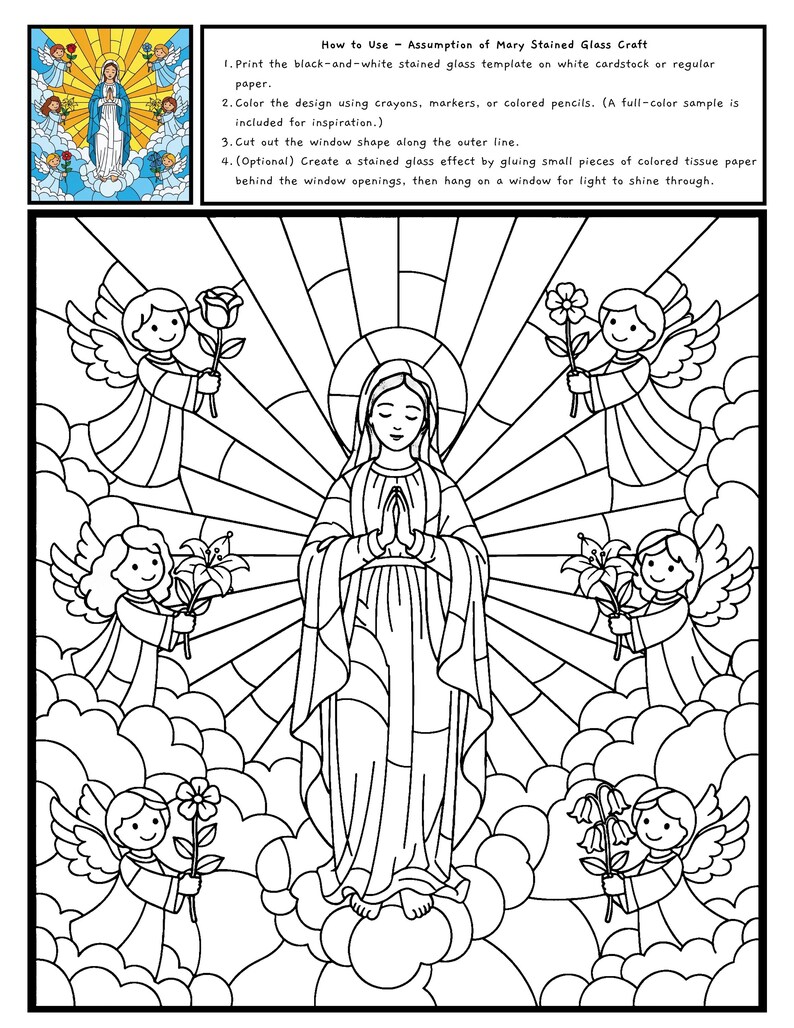 Assumption of Mary Stained Glass Craft: Catholic Coloring Activity (PDF ...
