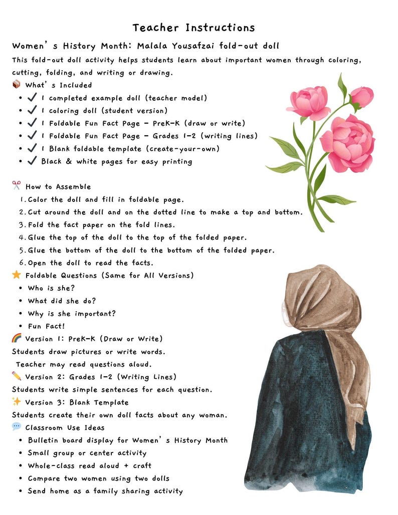 Women’s History Month Malala Yousafzai Fold-out Doll Craft Activity | K ...