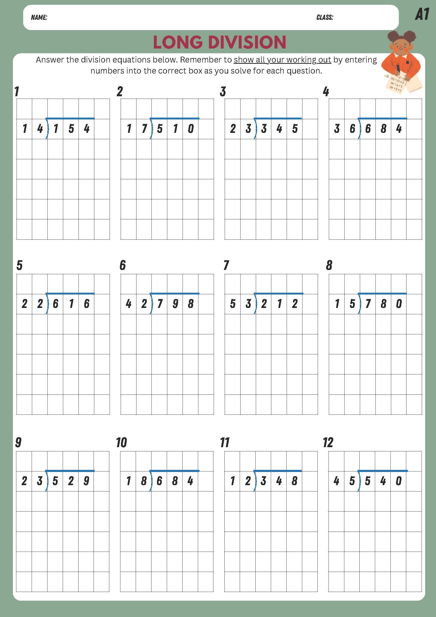 Long Division Worksheet: 3-digit by 2-digit, Graph Paper (digital ...