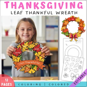 Editable: Leaf Thankful Wreath Craft – Thanksgiving Gratitude Activity ...