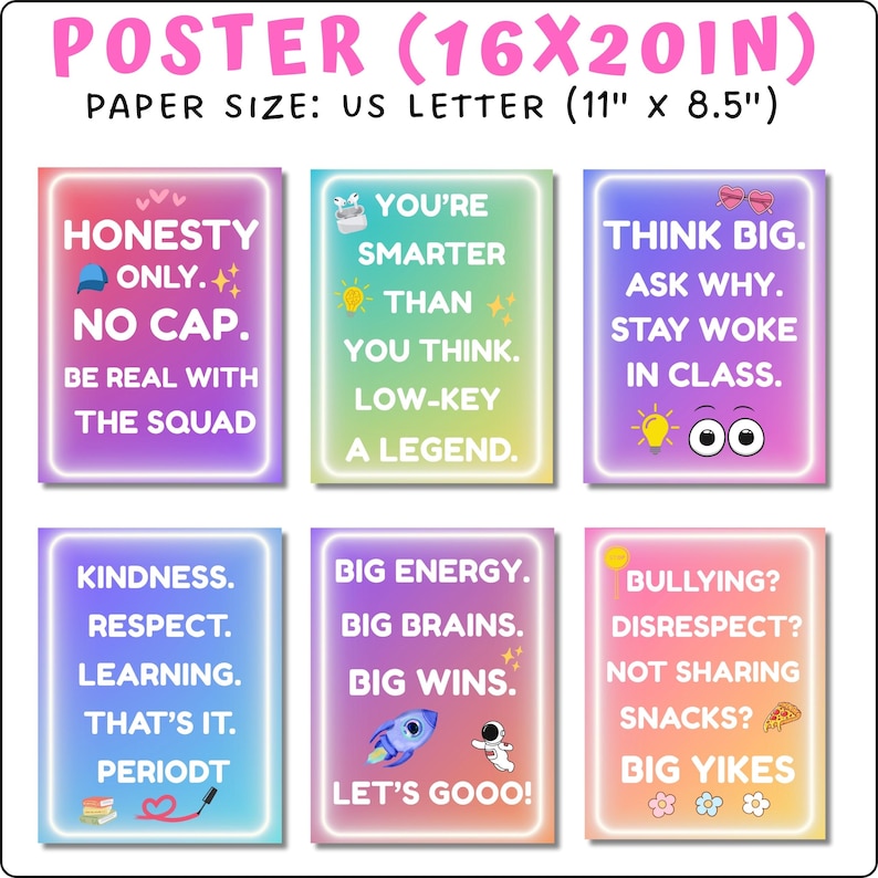 Gen Z Classroom Posters: Neon Slang Decor, Growth Mindset (instant ...
