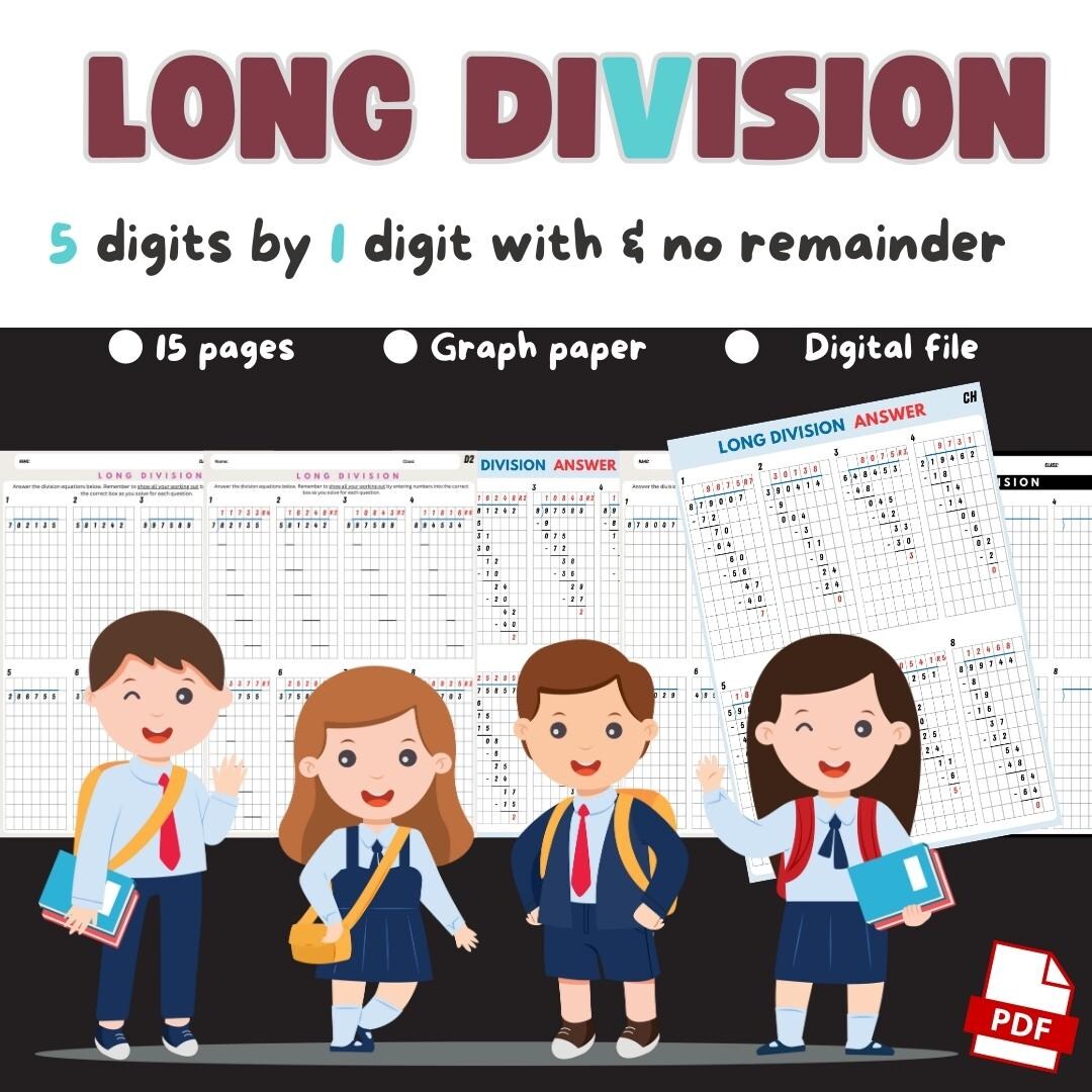 Long Division Worksheet 5-digits by 1-digit With & No Remainders ...