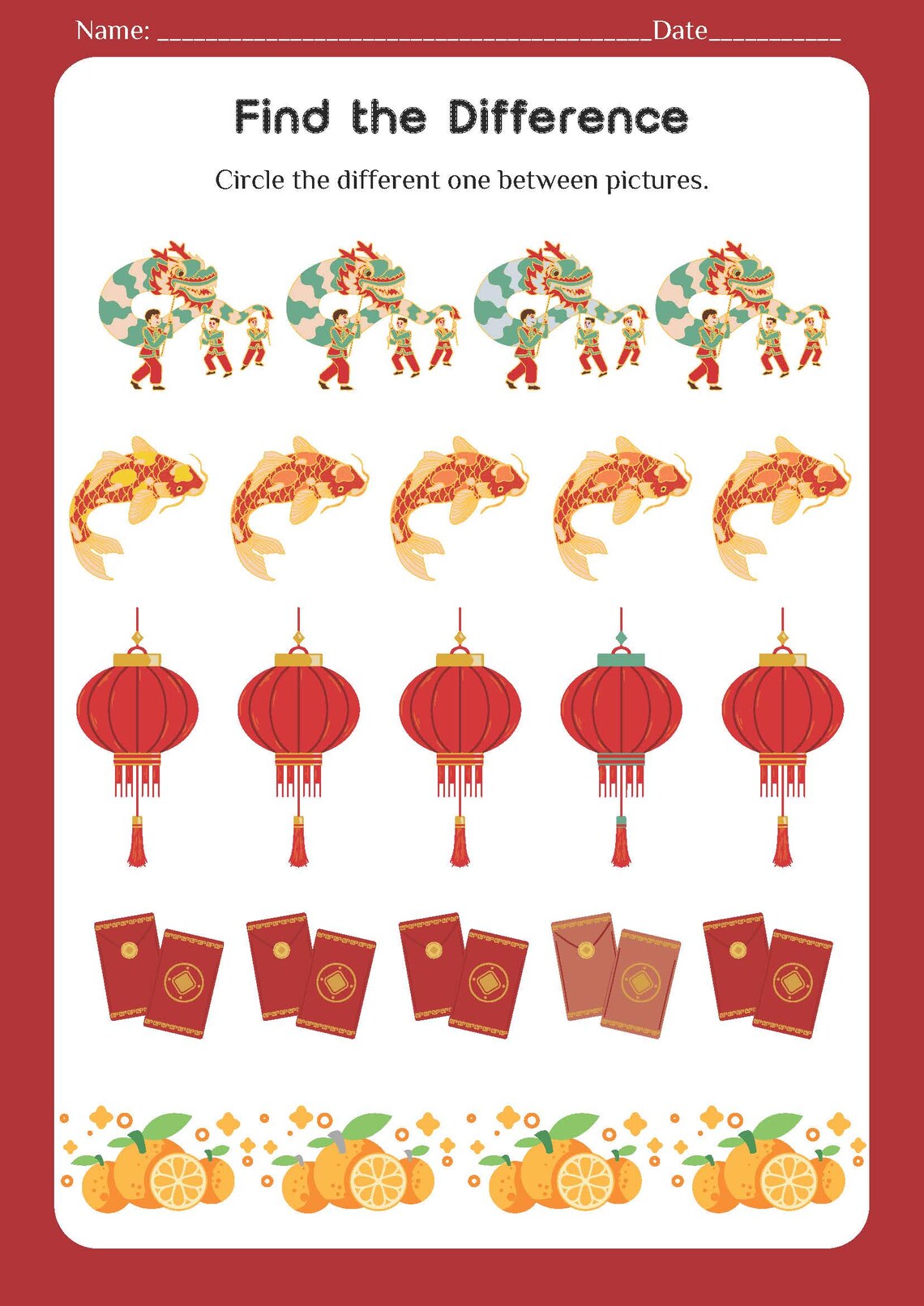 Chinese New Year Find the Difference Worksheets | Lunar New Year ...