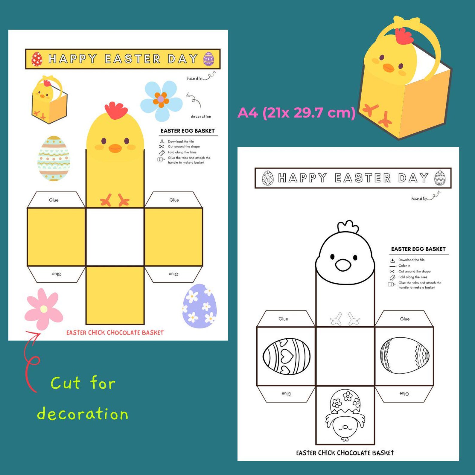 Bunny & Chick Easter Basket Craft: Printable Coloring Template (digital ...