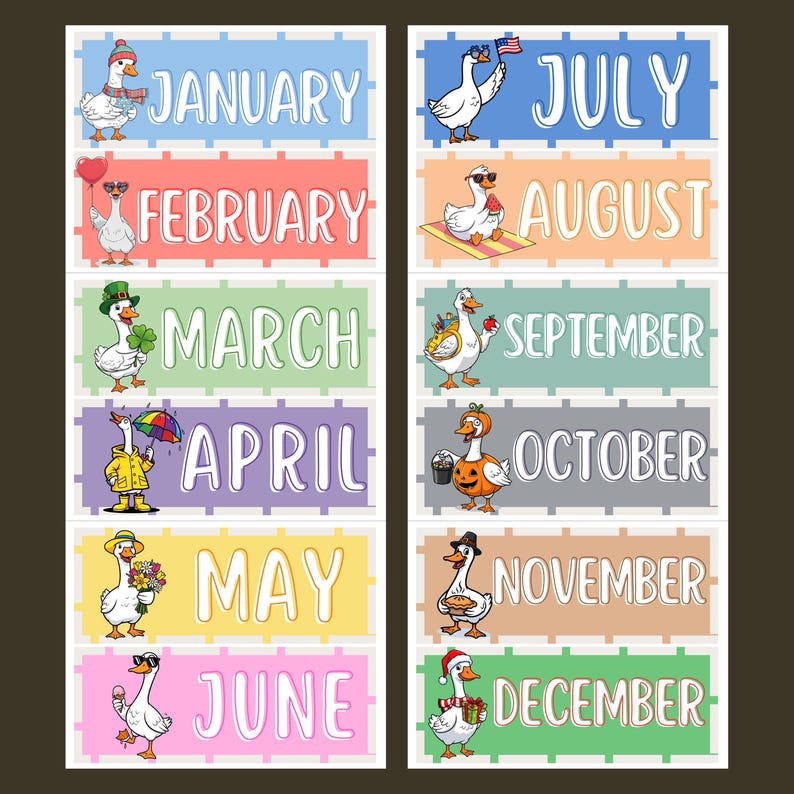 Silly Goose Calendar Months: Printable Classroom Bulletin Board Cards ...