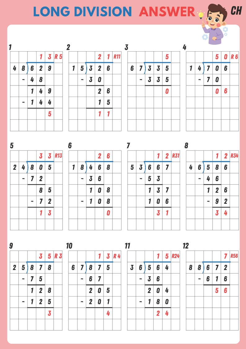 Long Division Worksheet 3-digit by 2-digit With & No Remainders With ...
