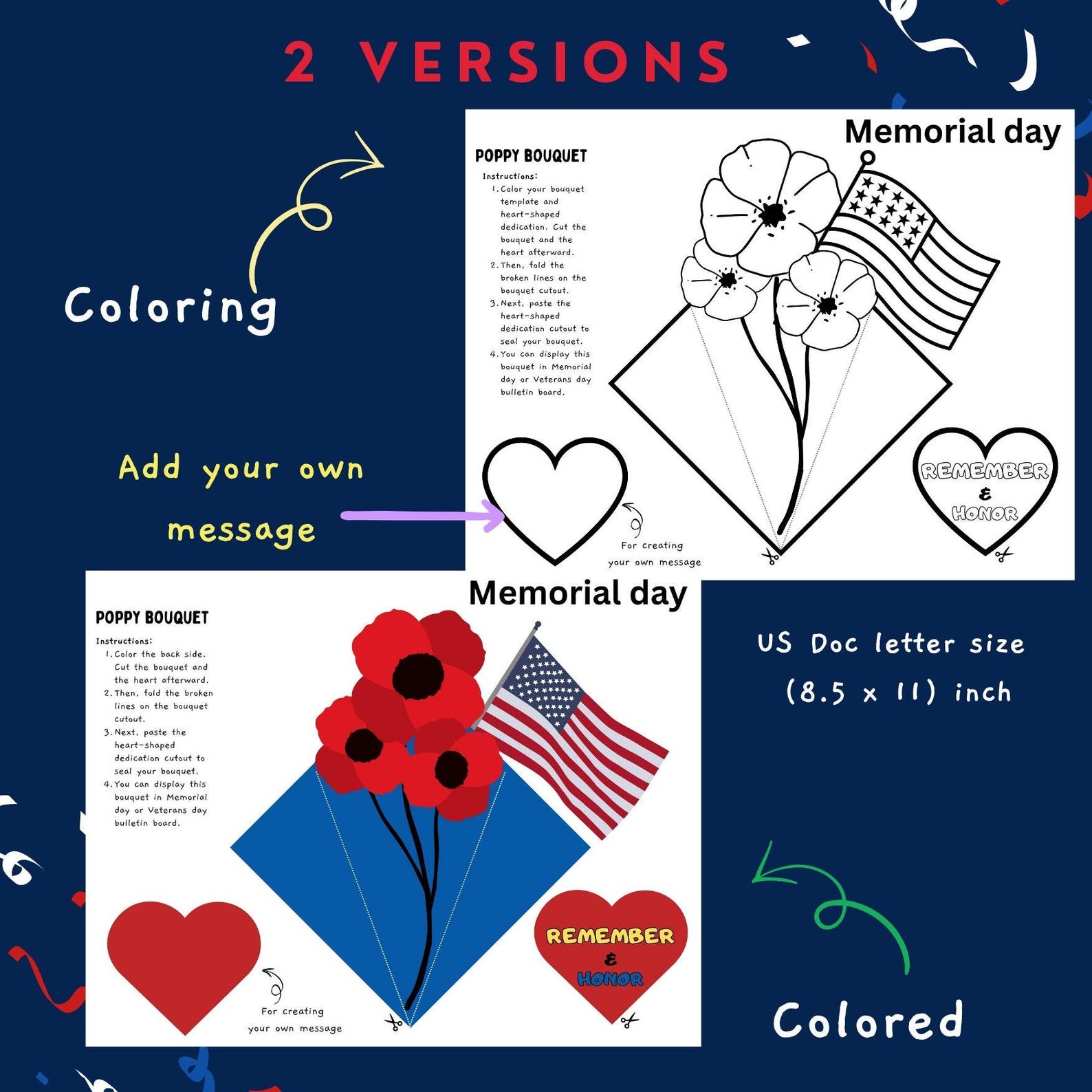 Memorial Day Poppy Flowers Bouquet Paper Craft Activities, Veterans Day ...